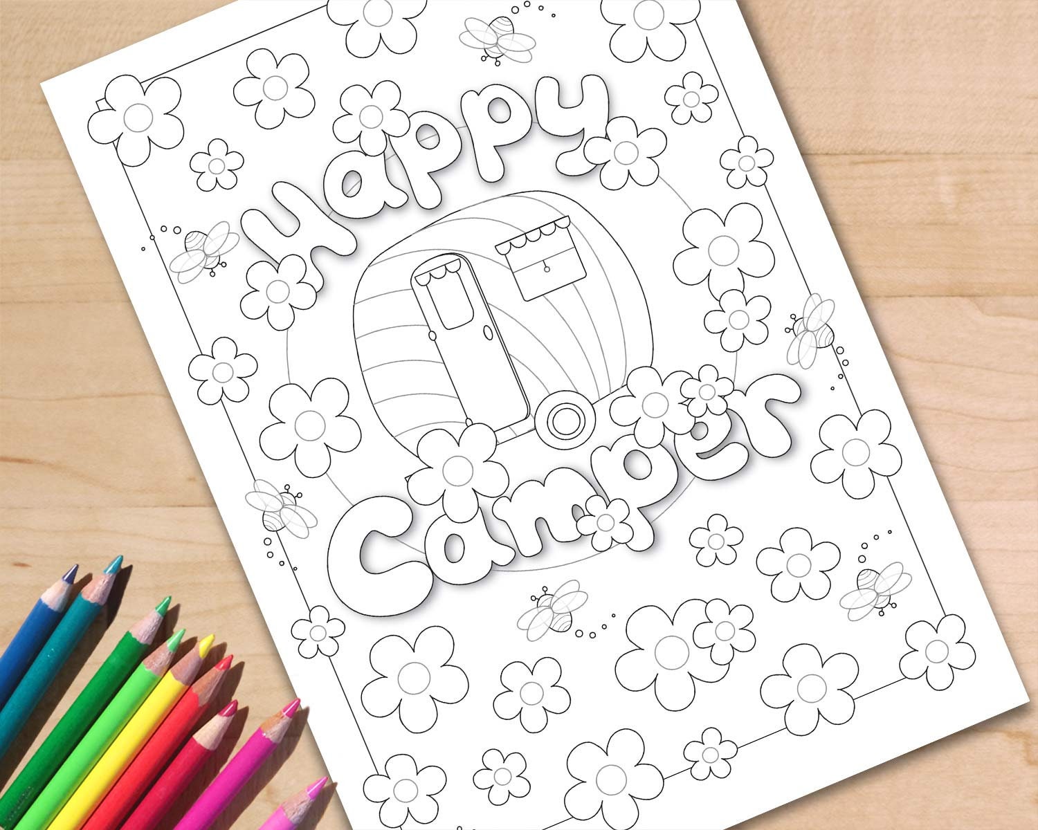 Happy Camper Coloring Page, Camping Printable, Vintage Caravan Adult ...