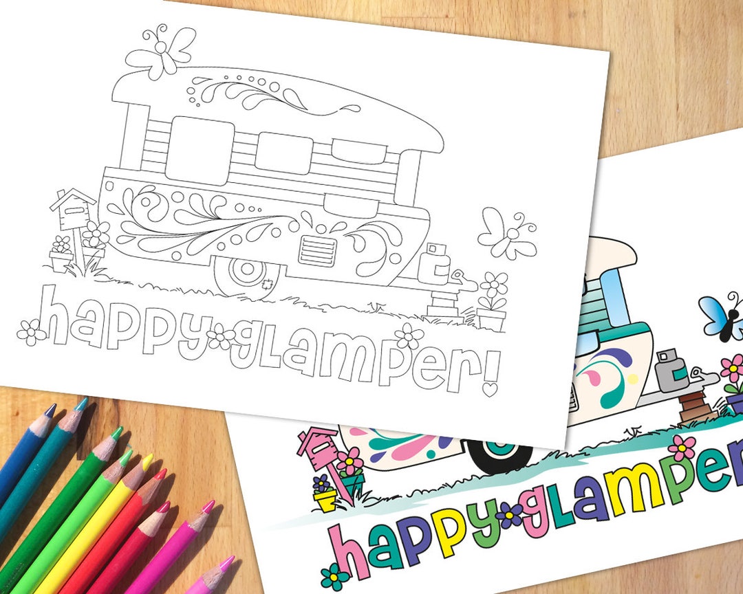 Vintage Camper Coloring Page, Happy Glamper Printable, Caravan ...