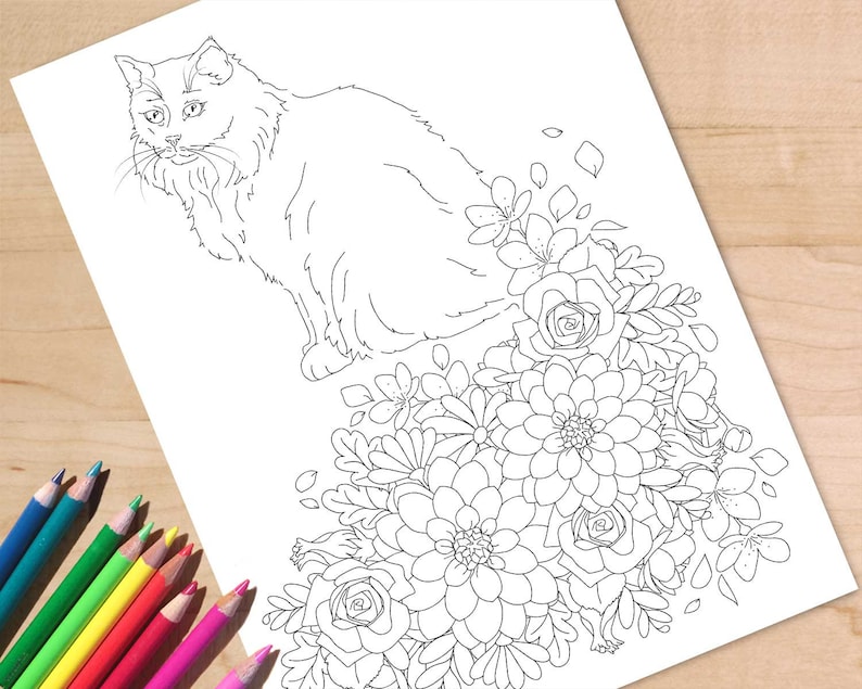 Cat and Flowers Printable Coloring Page. Colouring Instant - Etsy