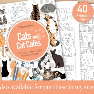 Library Cat Coloring Page, Cats and Books Printable, Cat Cafe Colouring ...