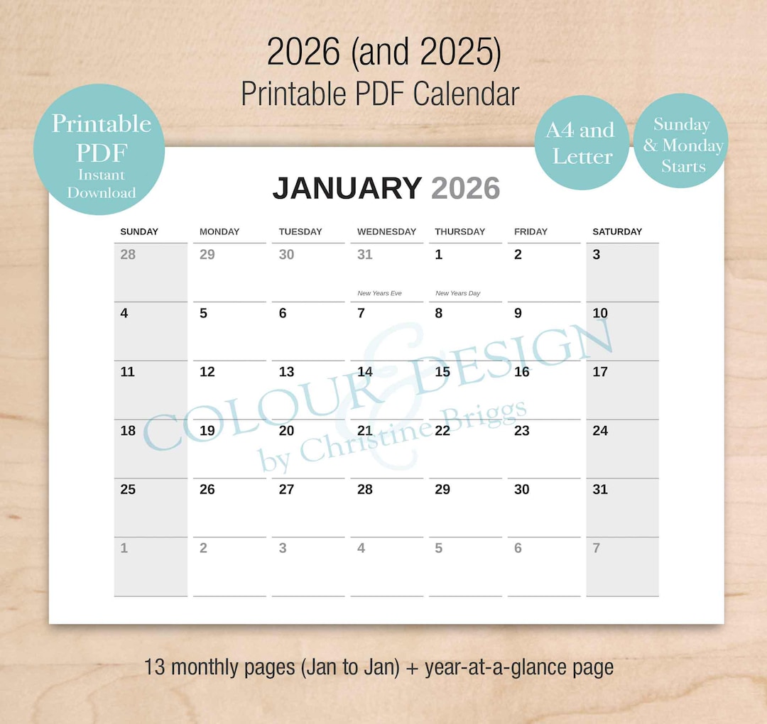 2026 Printable PDF Calendar, 13 Month Planner, Year at a Glance, Monday ...