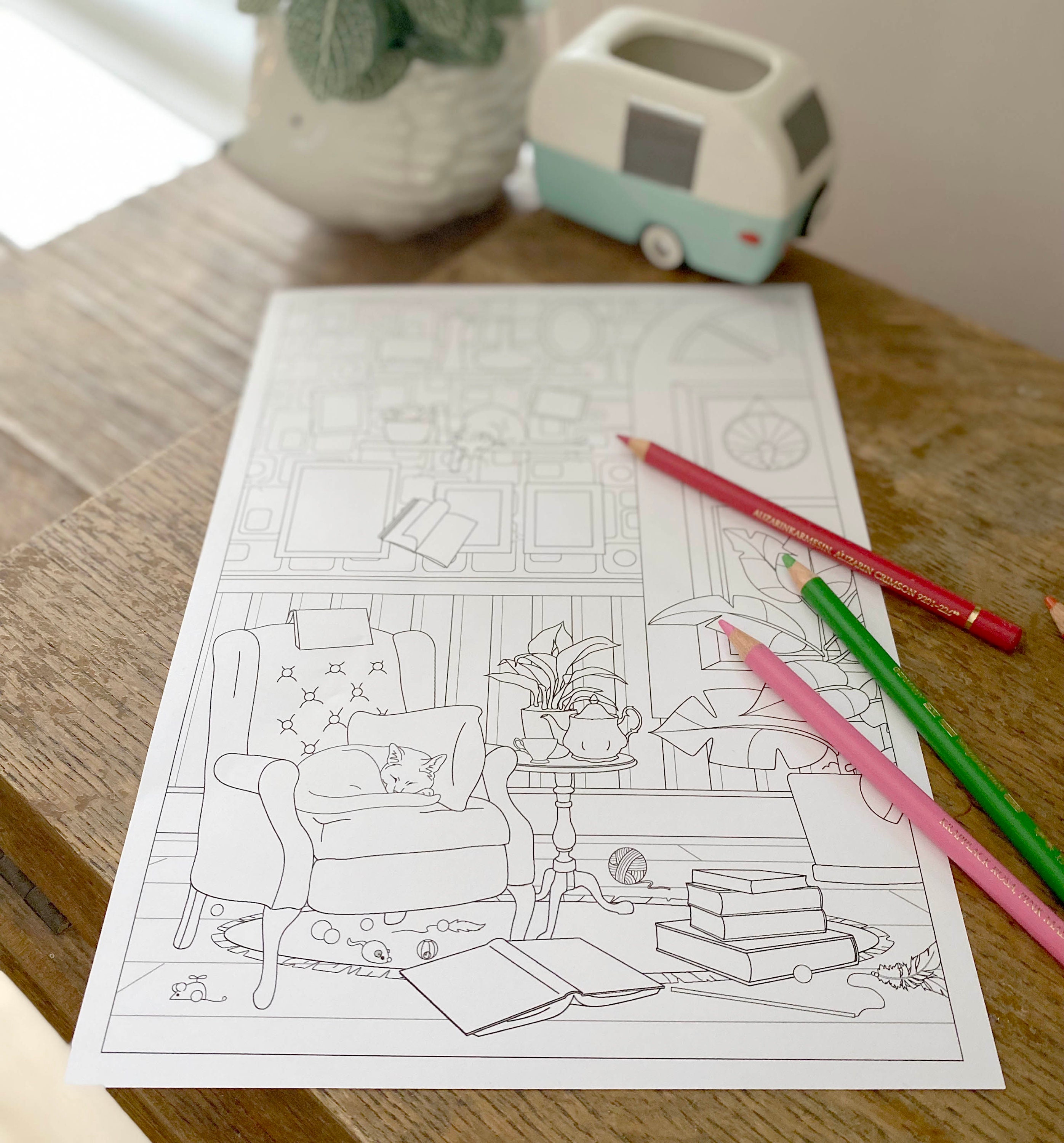 Library Cat Coloring Page, Cats and Books Printable, Cat Cafe Colouring ...