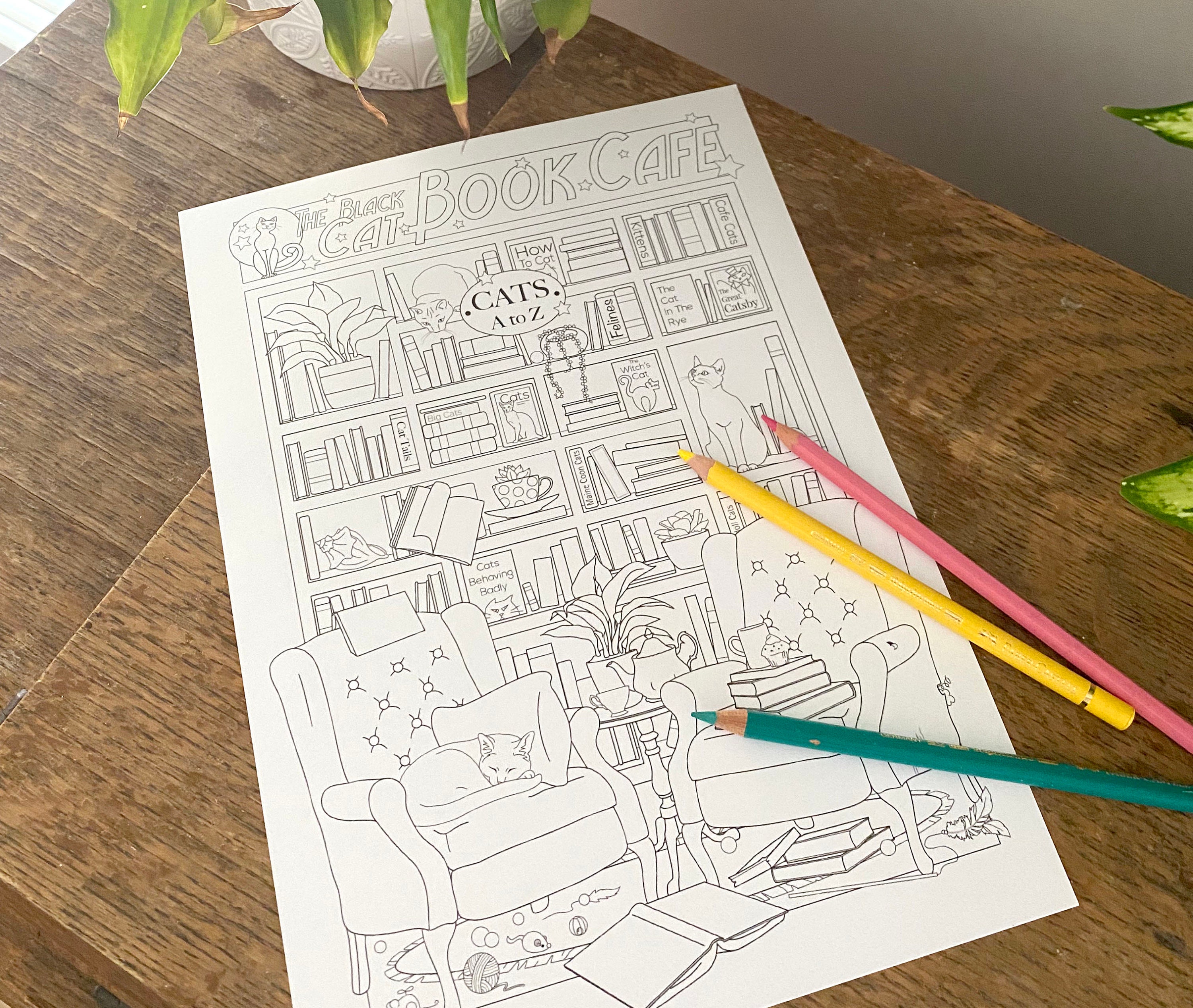 Cat Cafe Colouring Page, Books Library Coloring Print (PDF Printable ...