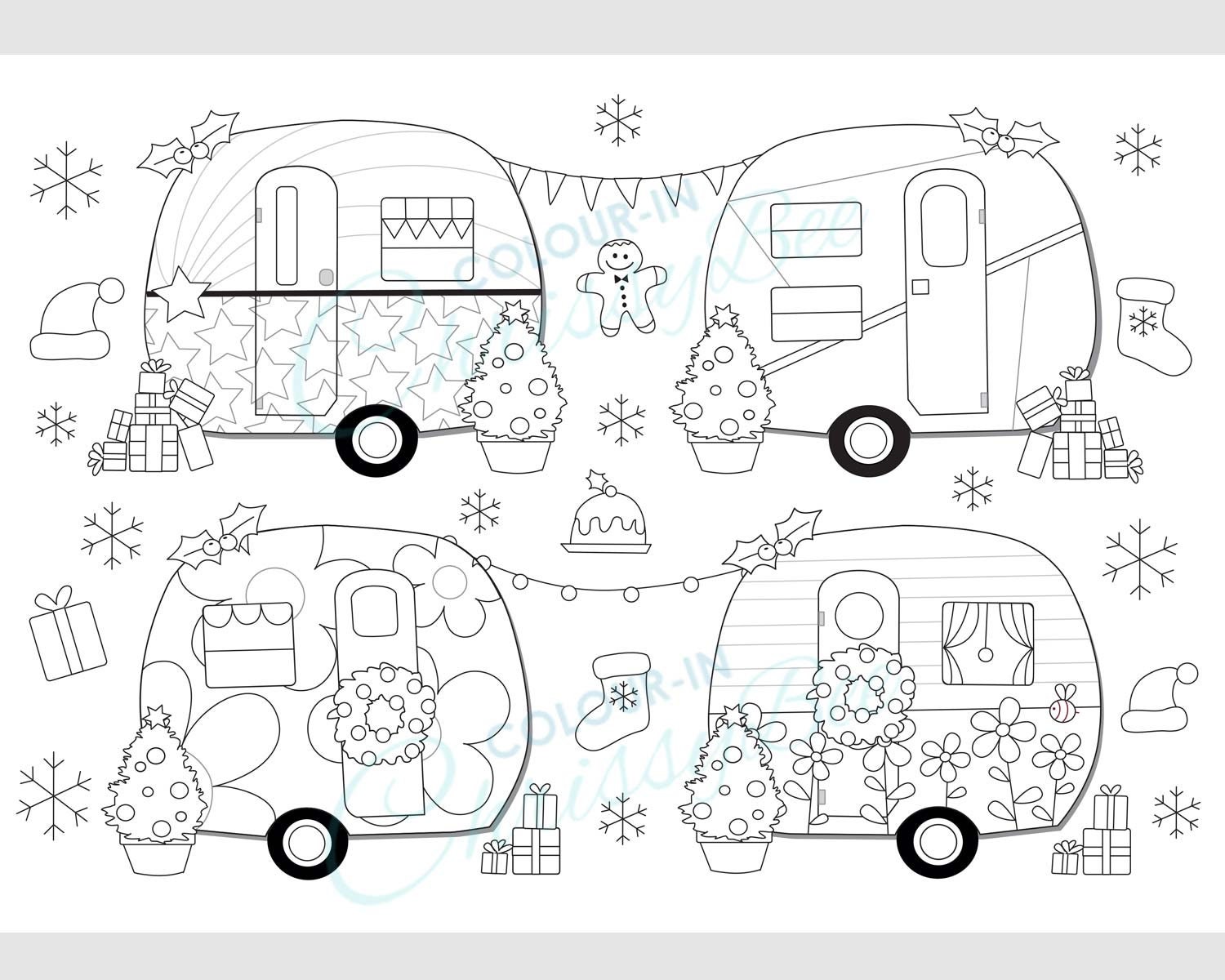 Christmas Campers Coloring Pages, Vintage Caravan Printable, RV ...