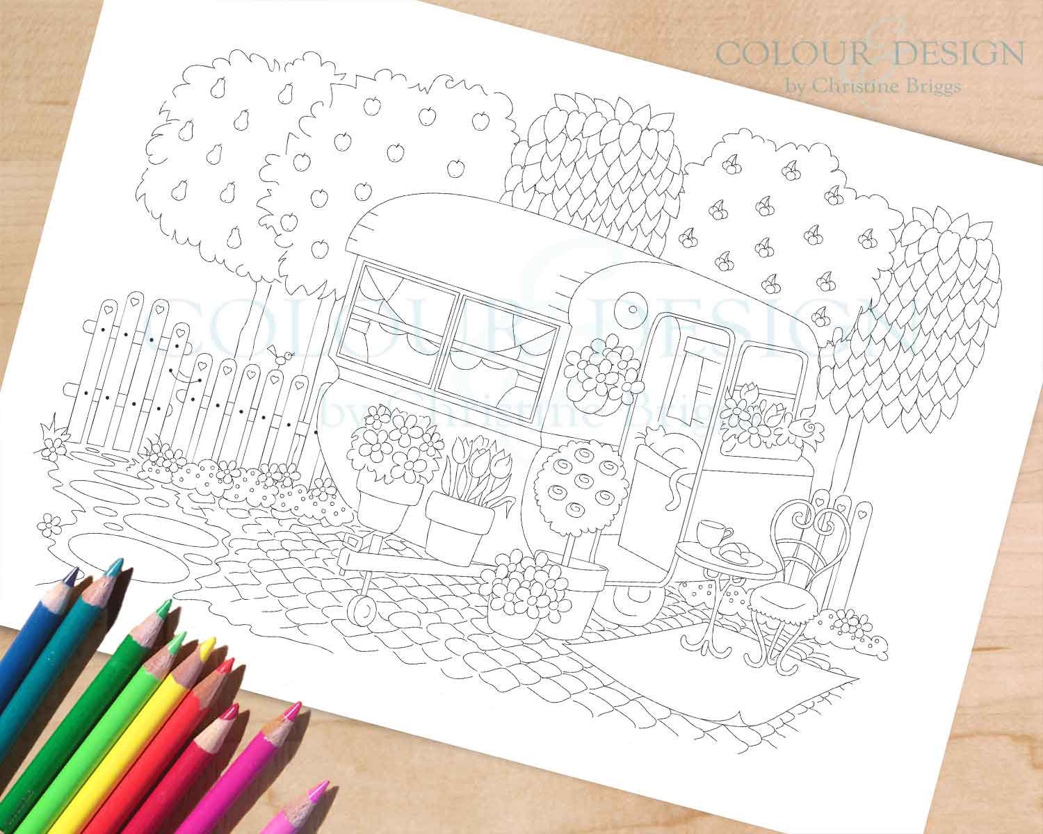 Printable Vintage Caravan Coloring Page, English Cottage Garden ...