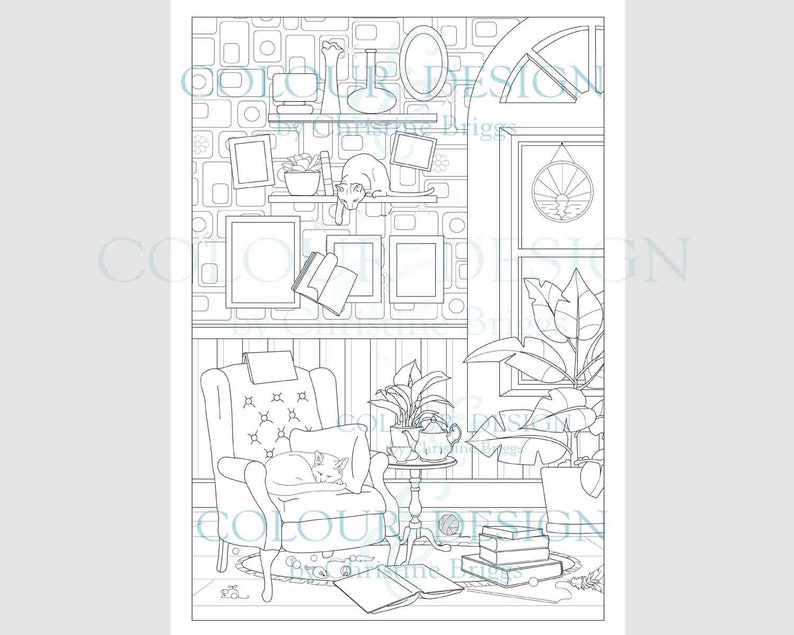 Library Cat Coloring Page, Cats and Books Printable, Cat Cafe Colouring ...
