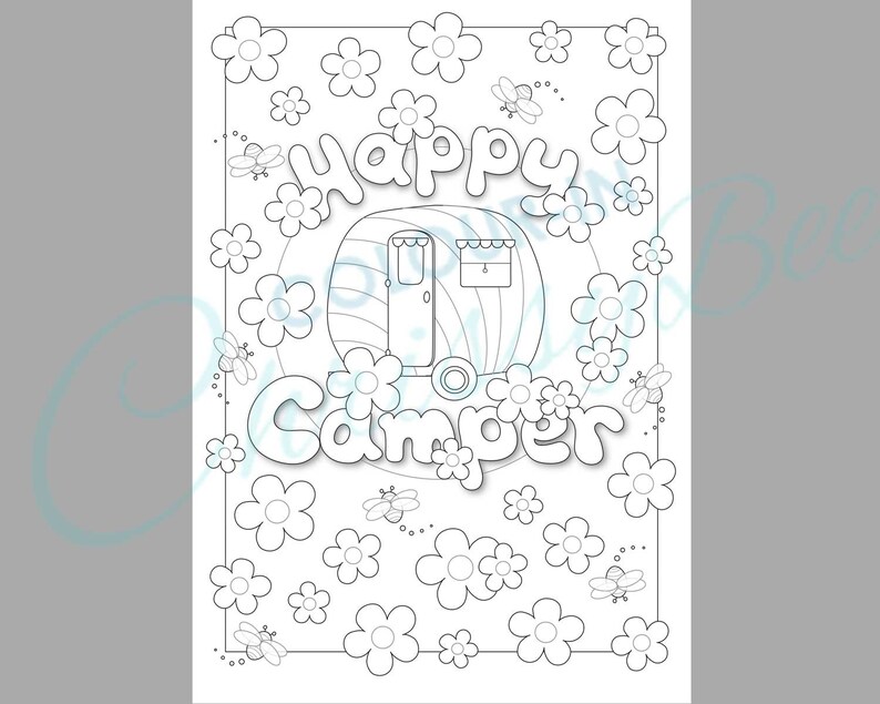 Happy Camper Coloring Page, Camping Printable, Vintage Caravan Adult ...