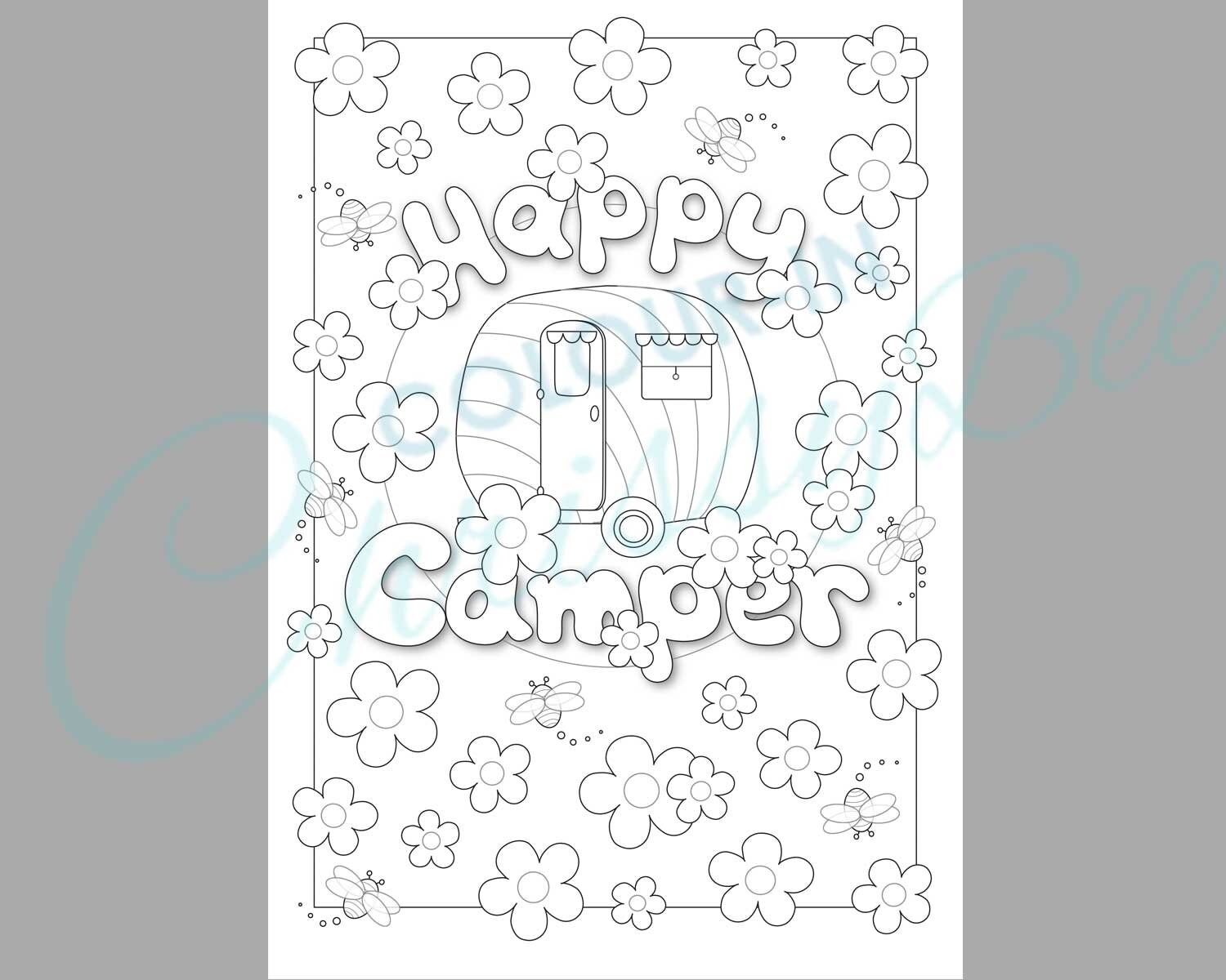 Happy Camper Coloring Page, Camping Printable, Vintage Caravan Adult ...
