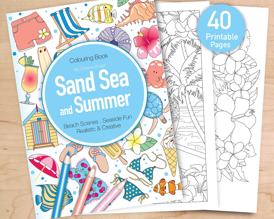 Printable Beach Coloring Book, Sand Sea and Summer Adult Colouring ...