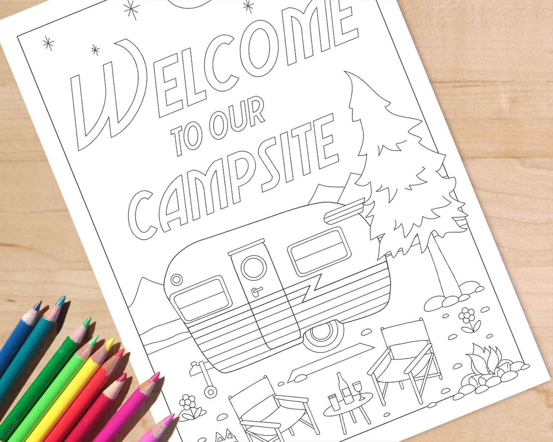 Camping Coloring Page, Camper Coloring Page, Welcome to Our Campsite ...