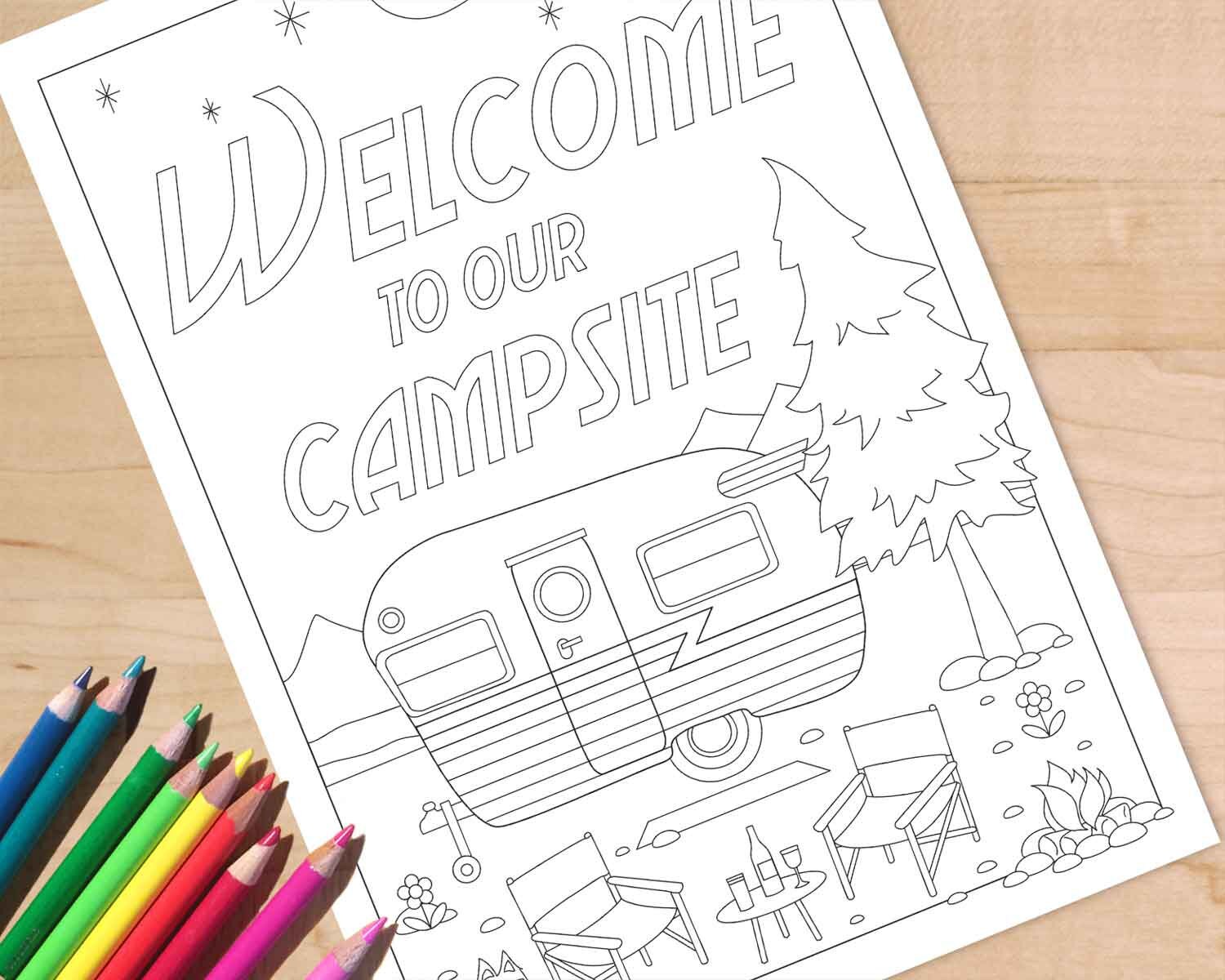 Camping Coloring Page, Camper Coloring Page, Welcome to Our Campsite ...