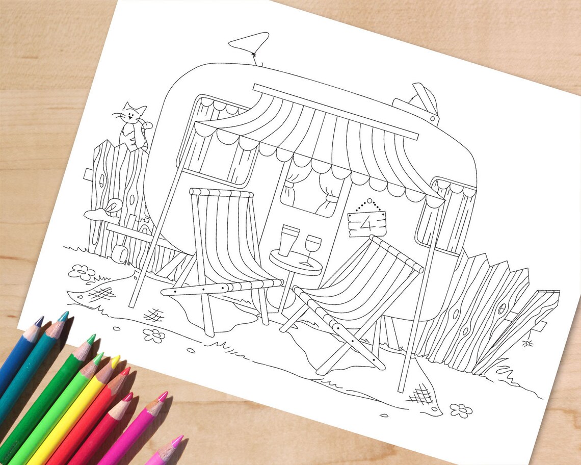 Cute Camper Coloring Page, Vintage Caravan Printable, Adult Colouring ...