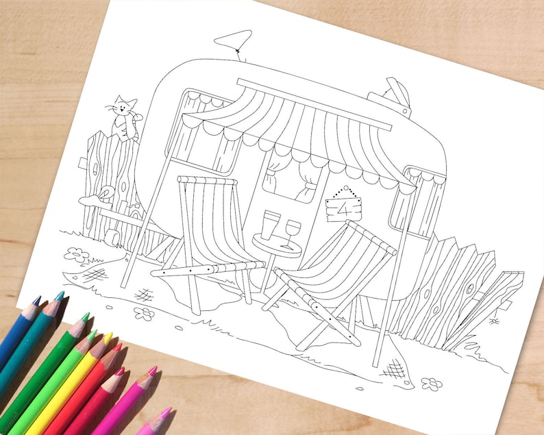 Cute Camper Coloring Page, Vintage Caravan Printable, Adult Colouring ...