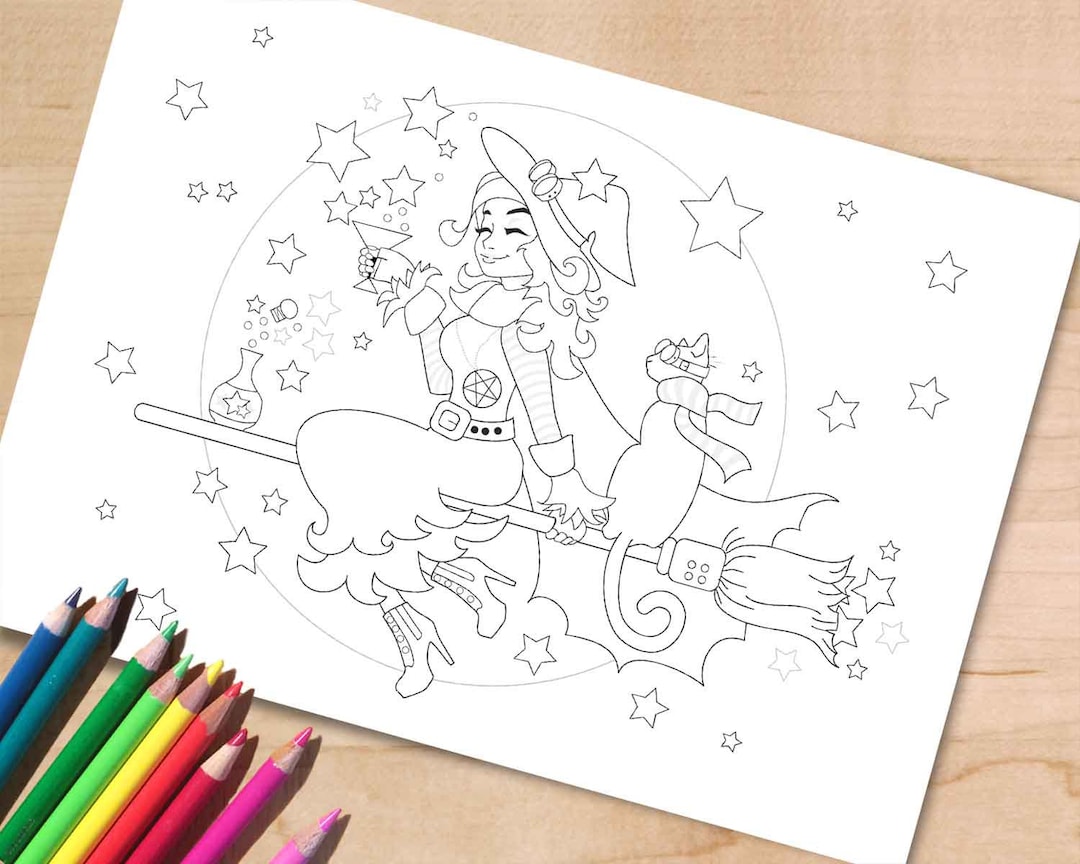 Halloween Witch Coloring Page, Cute Witch and Black Cat Printable ...