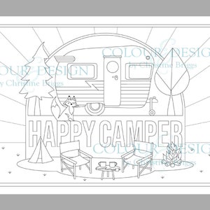 Camping Coloring Page, Happy Camper Printable, Retro RV Activity Sheet ...