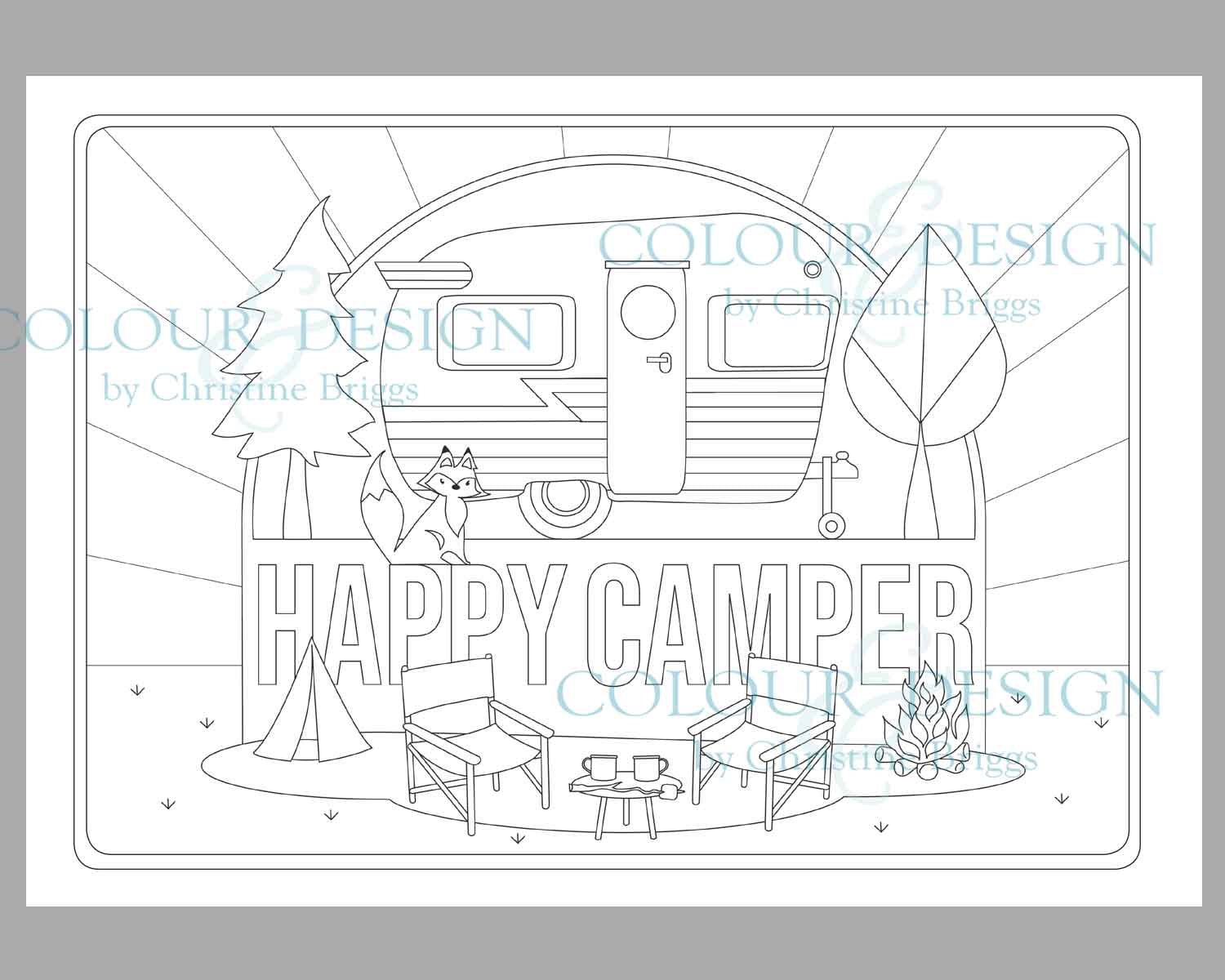 Camping Coloring Page, Happy Camper Printable, Retro RV Activity Sheet ...