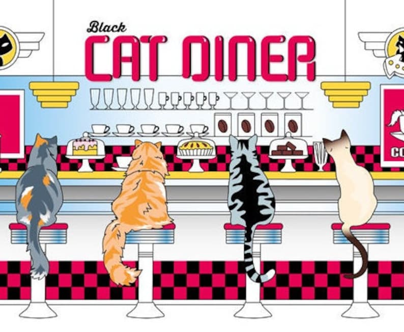 Cat Coloring Page, Printable Cat Cafe Page, Retro 50s Diner Colouring ...