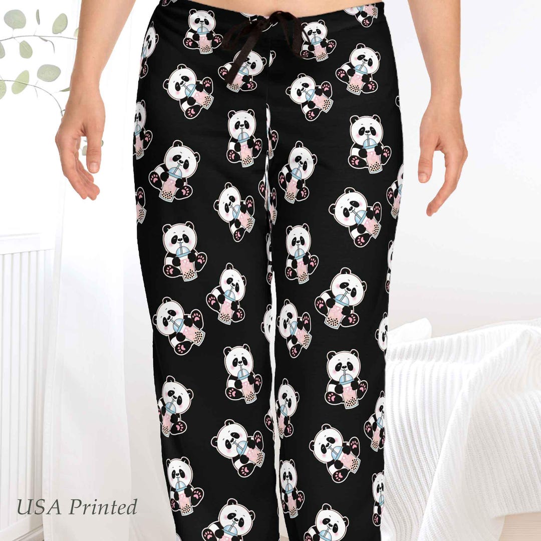 Panda Pajama Pants, Boba Tea PJ Pants, Bubble Tea Panda Bear Sleepwear ...
