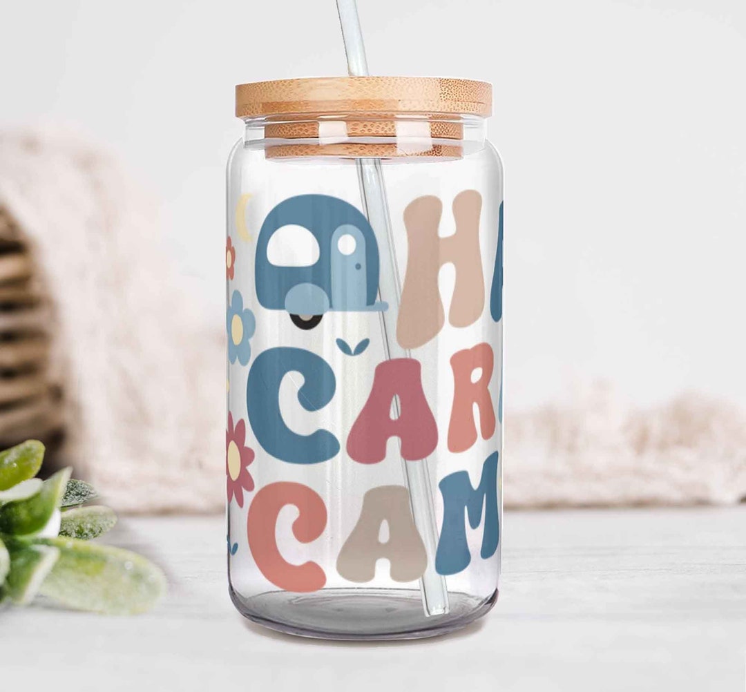 Camping Glass Cup, Happy Caravan Camper Print, Iced Coffee Jar, Glass ...
