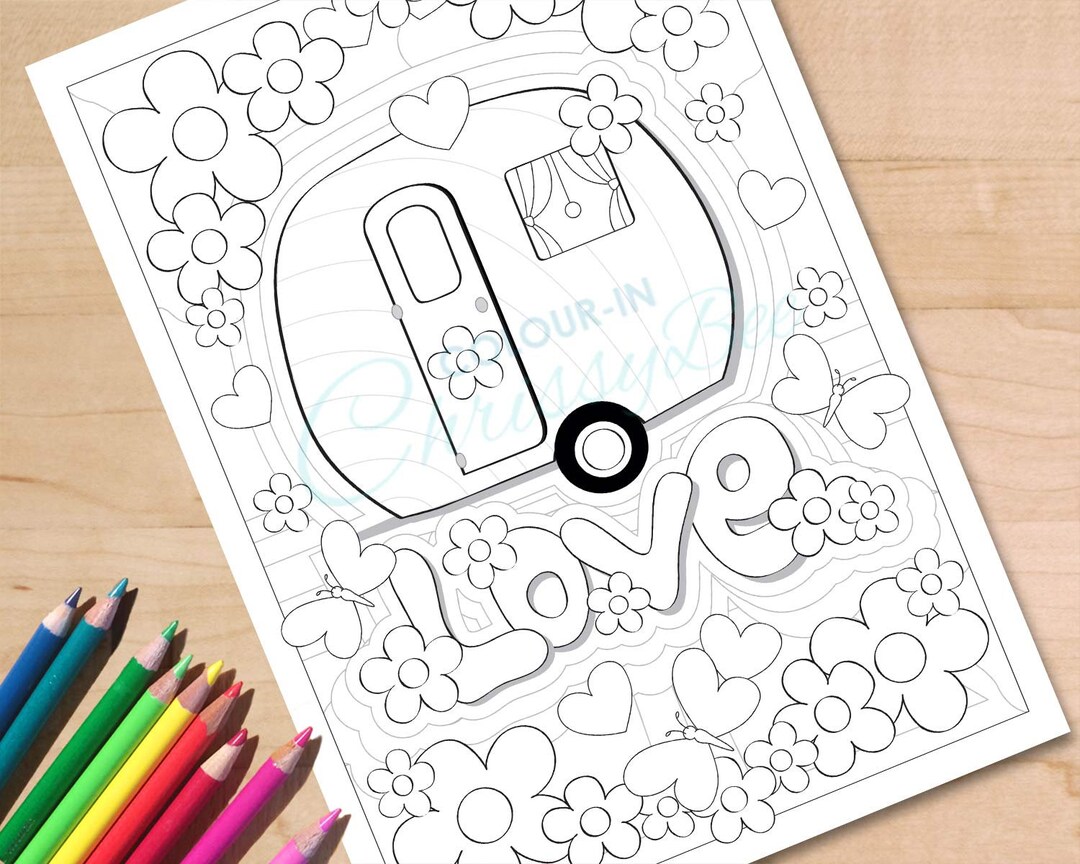 Retro Camping Coloring Page, Vintage Camper Printable, Adult Colouring ...
