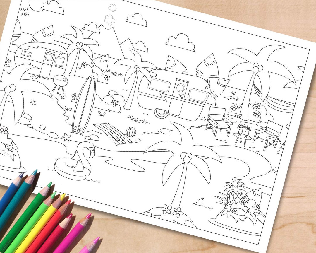 Camping Coloring Page, Summer Beach Printable, Vintage Camper Download ...