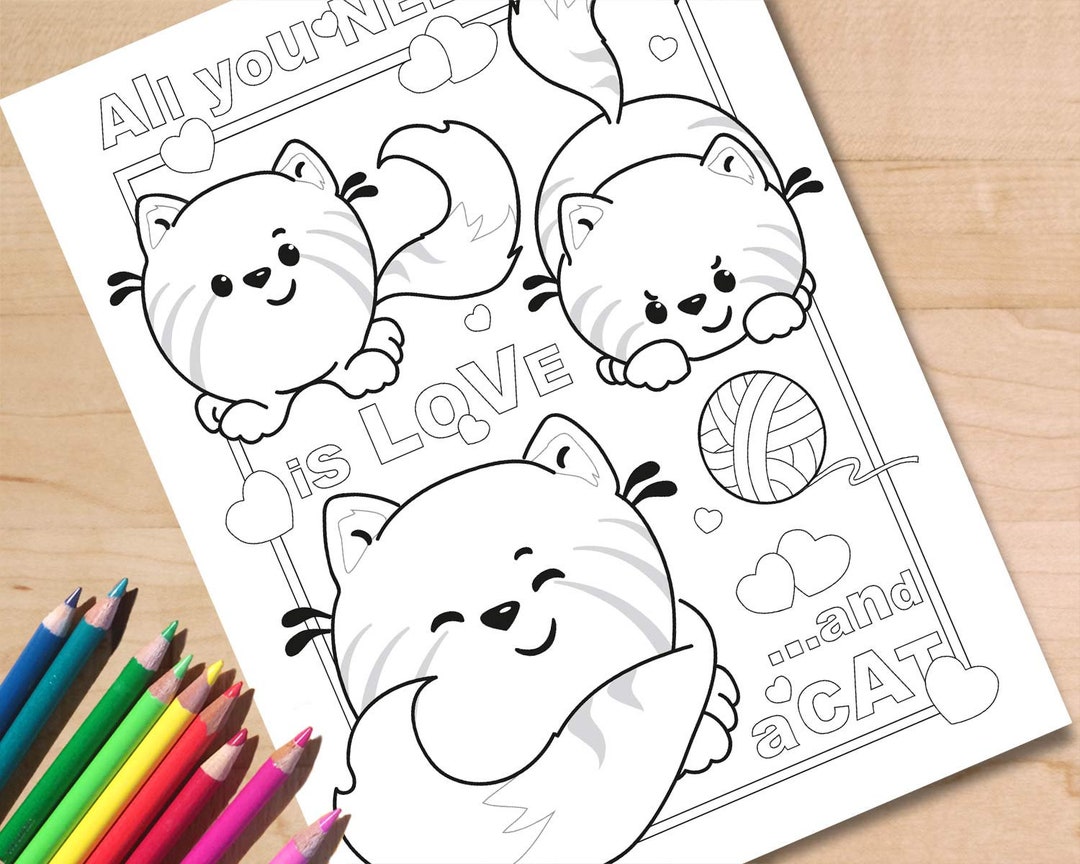 Kawaii Cat Coloring Page, Cat Lover Printable, Cute Cat Colouring Sheet ...