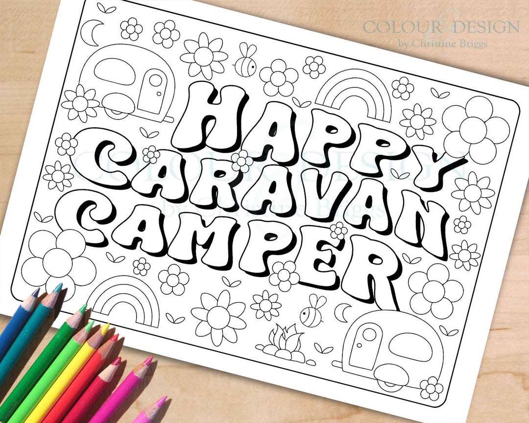 Printable Camping Coloring Page. Happy Caravan Camper Activity Sheet ...
