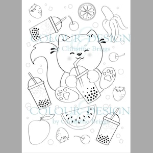 Boba Cat Coloring Page. Kawaii Printable, Bubble Tea Colouring Page ...