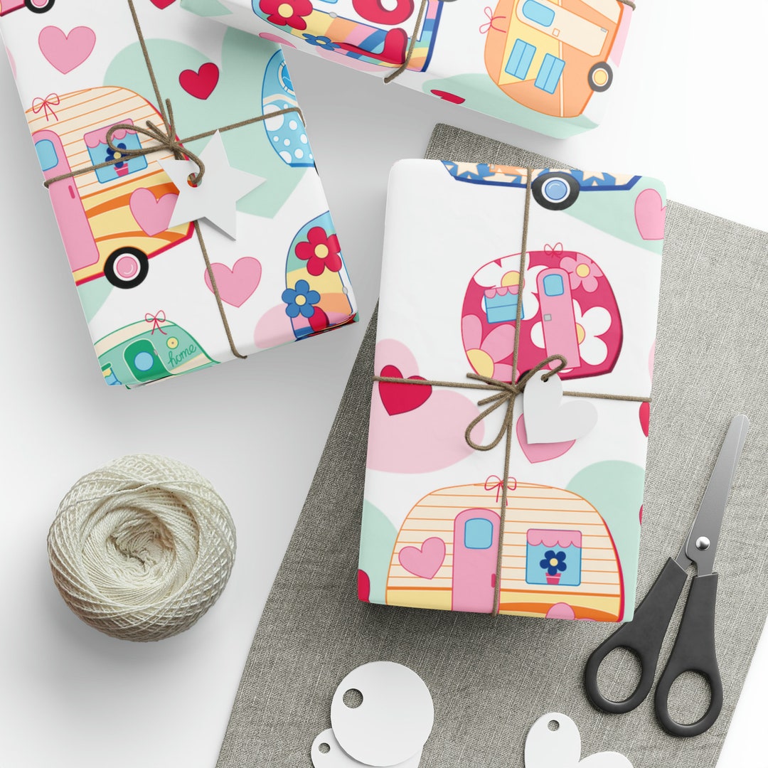 Cute Camper Wrapping Paper Roll, RV Camping Caravan Gift Wrap, Hearts ...
