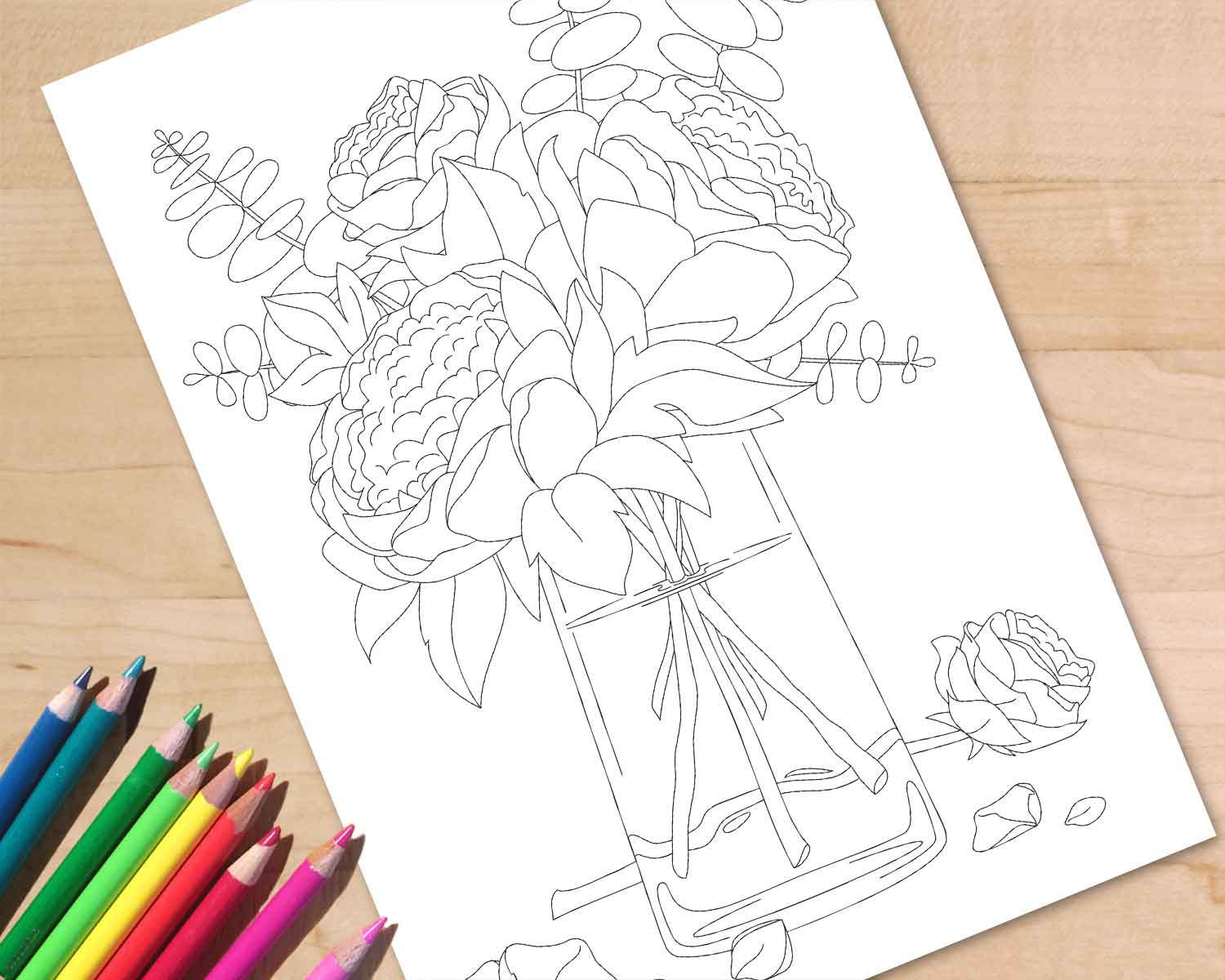 Peony Flower Coloring Page. Printable Floral Colouring - Etsy