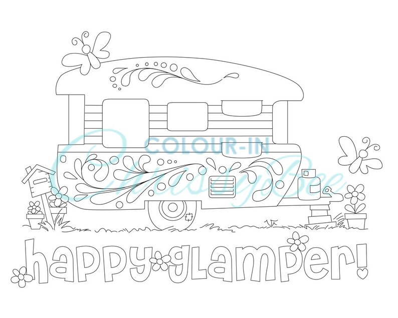 Vintage Camper Coloring Page, Happy Glamper Printable, Caravan ...