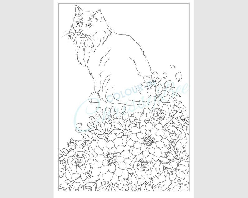 Cat and Flowers Printable Coloring Page. Colouring Instant - Etsy