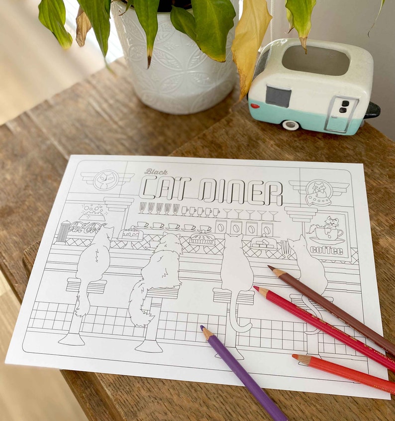 Cat Coloring Page, Printable Cat Cafe Page, Retro 50s Diner Colouring ...