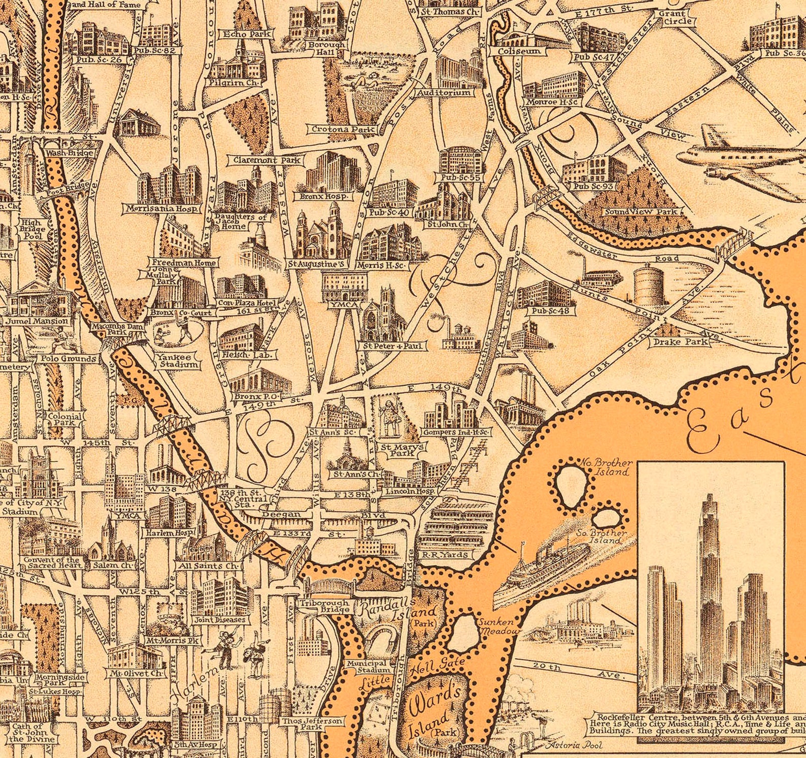 Manhattan & Bronx 1939 Pictorial Map; Ready-to-frame 18" X 24" Gallery ...