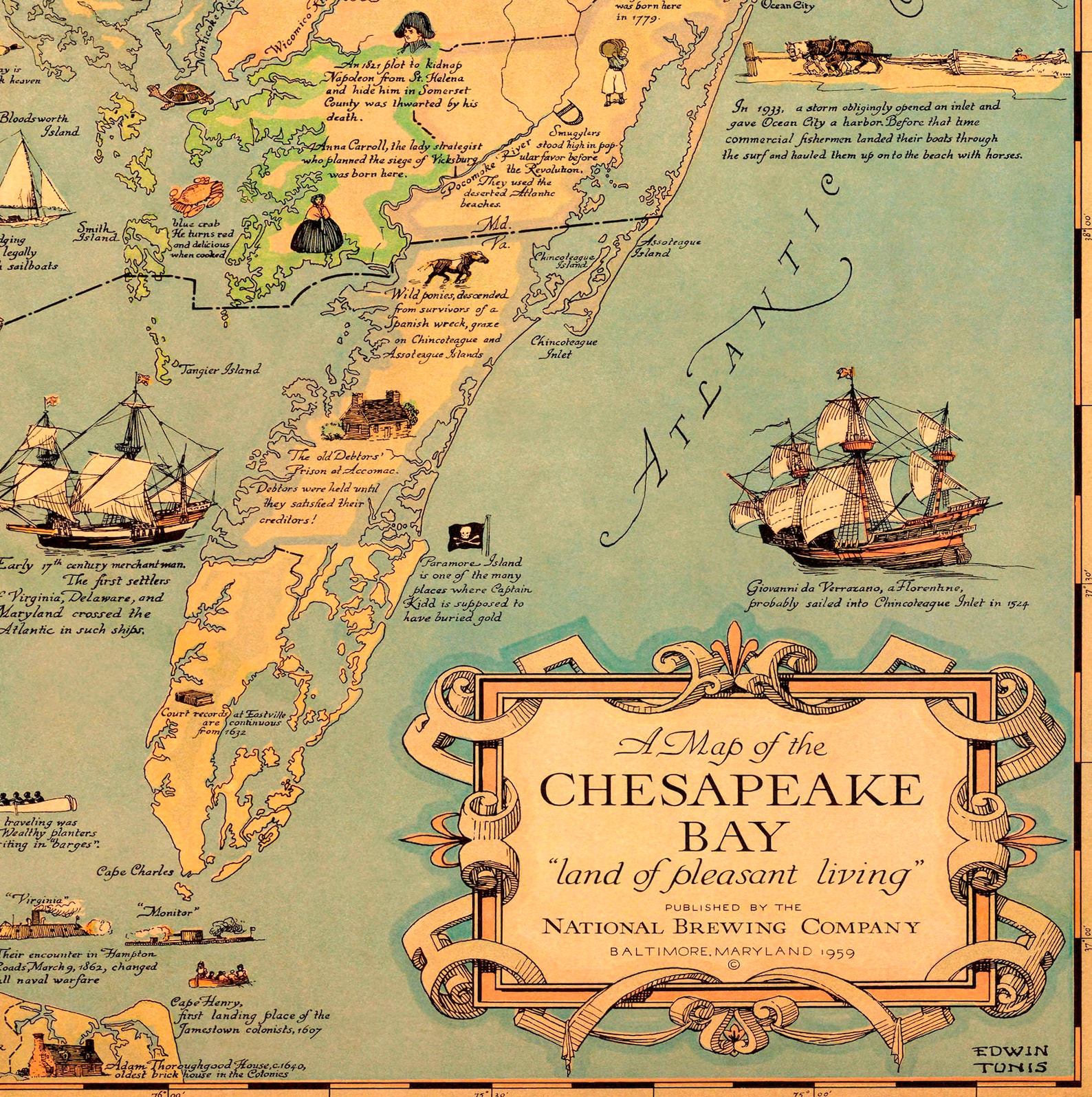 Chesapeake Bay Region Historical Map 1959; Ready-to-frame 24" X 36 ...