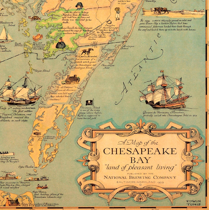 Chesapeake Bay Region Historical Map 1959 Ready-to-frame 24 X 36 Print ...