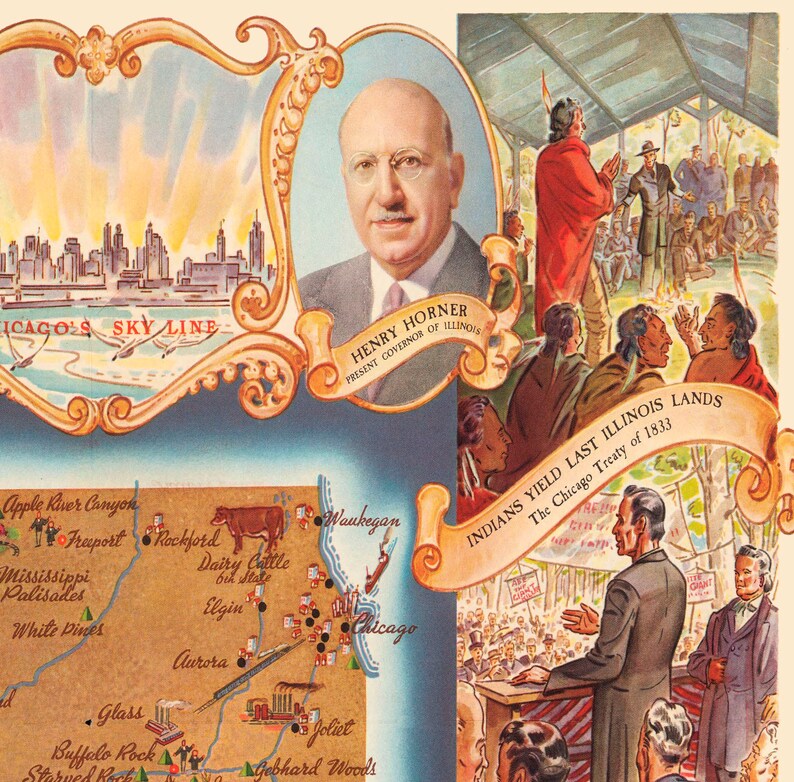 Illinois 1938 Pictorial Map Ready-to-frame 24 x | Etsy