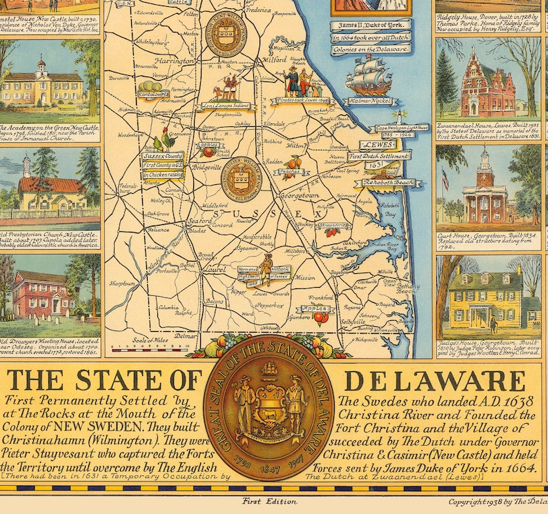 Delaware History 1938; Ready-to-frame 24" X 36" Print Reproduced From a ...
