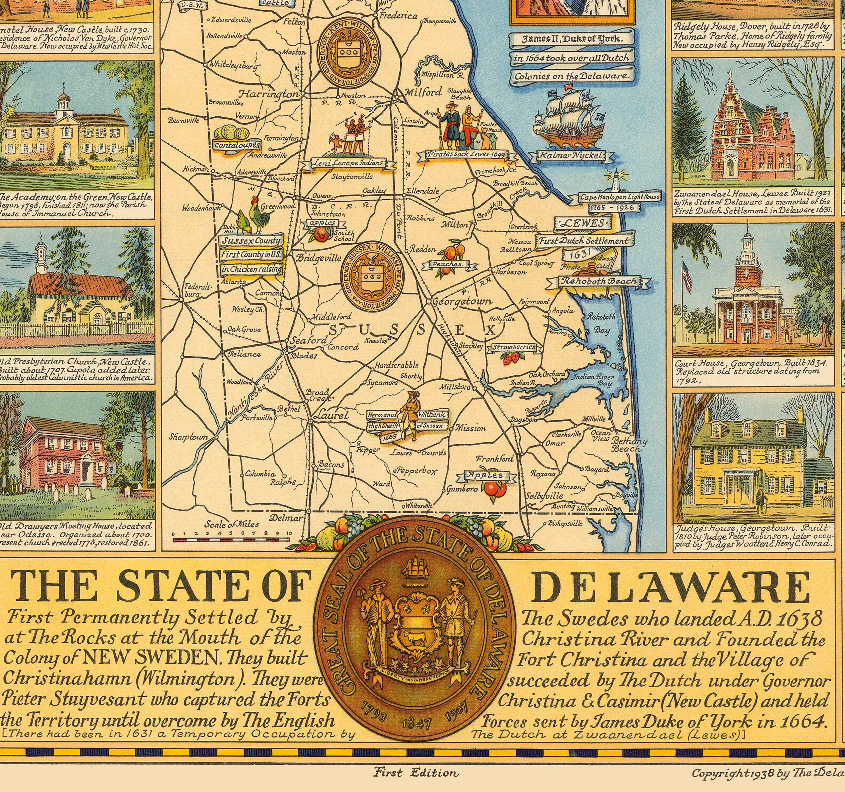 Delaware History 1938; Ready-to-frame 24" X 36" Print Reproduced From a ...