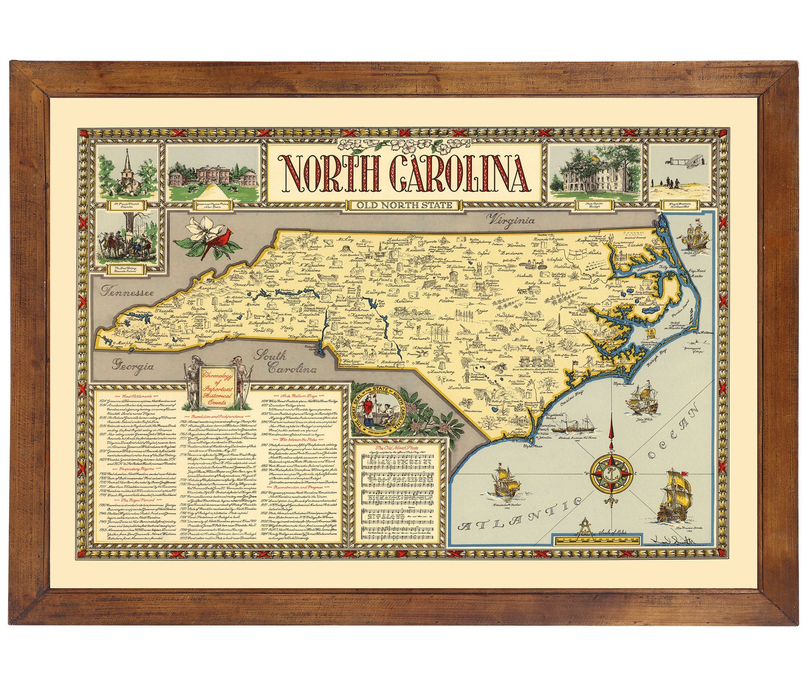 North Carolina Historical Map 1958; Ready-to-frame 24" X 36" Print ...