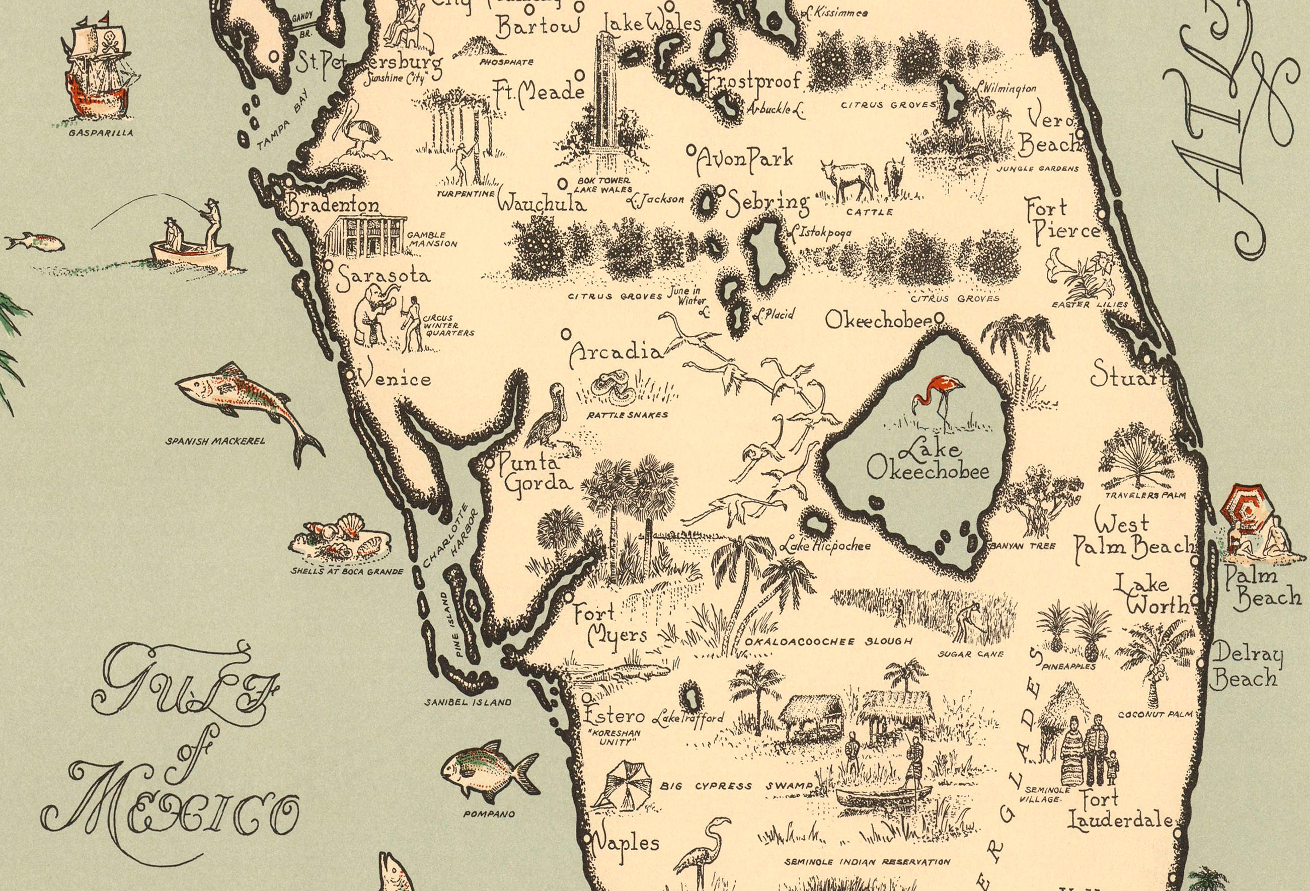 Florida Historical Map 1953; Ready-to-frame 24" X 36" Print Reproduced ...