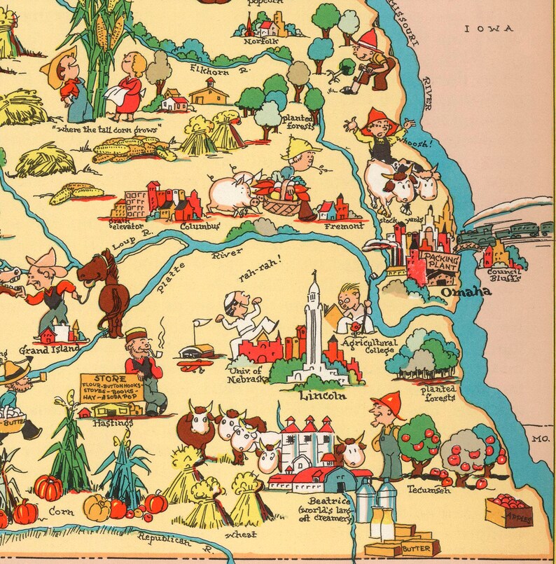 Nebraska Pictorial Map 1935; Ready-to-frame 18" X 24" Print Reproduced ...