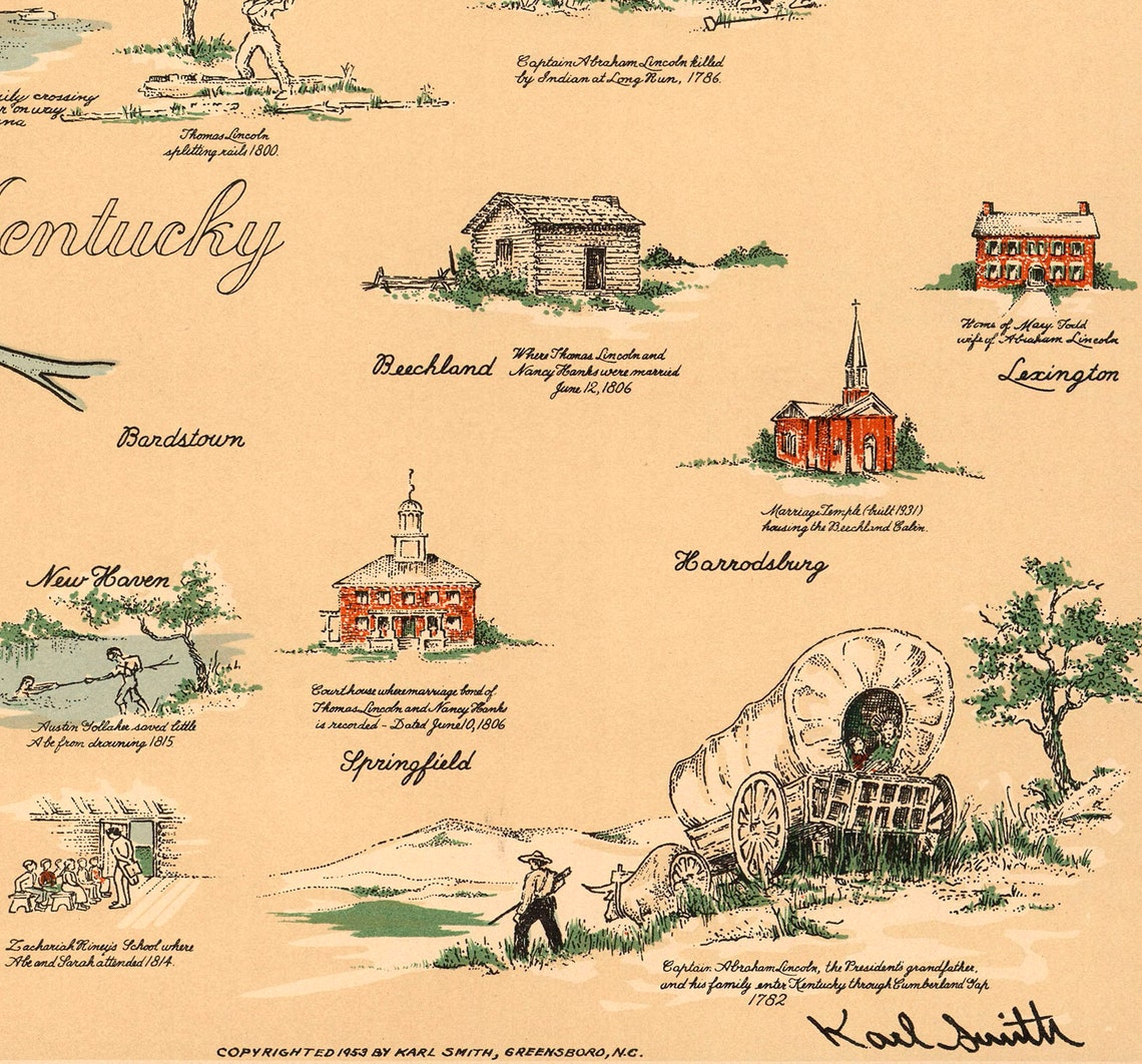 Abraham Lincoln Historical Map 1953; Ready-to-frame 24" X 36" Print ...