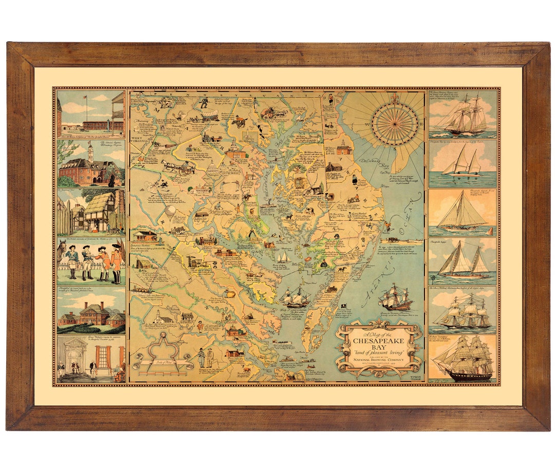 Chesapeake Bay Region Historical Map 1959; Ready-to-frame 24" X 36 ...