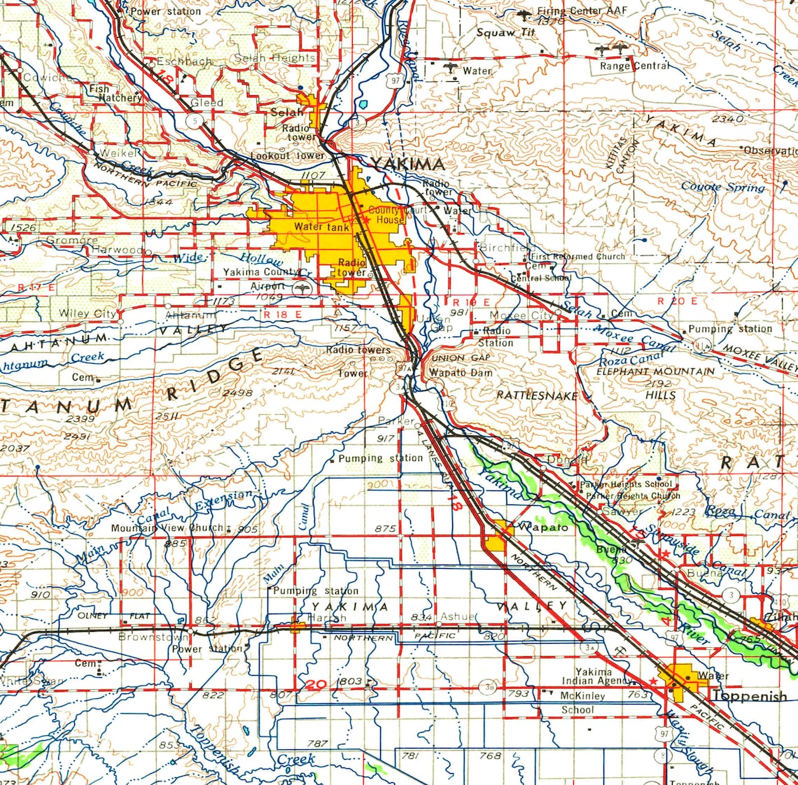Yakima WA Topographic Map 1958 24 x 36 | Etsy