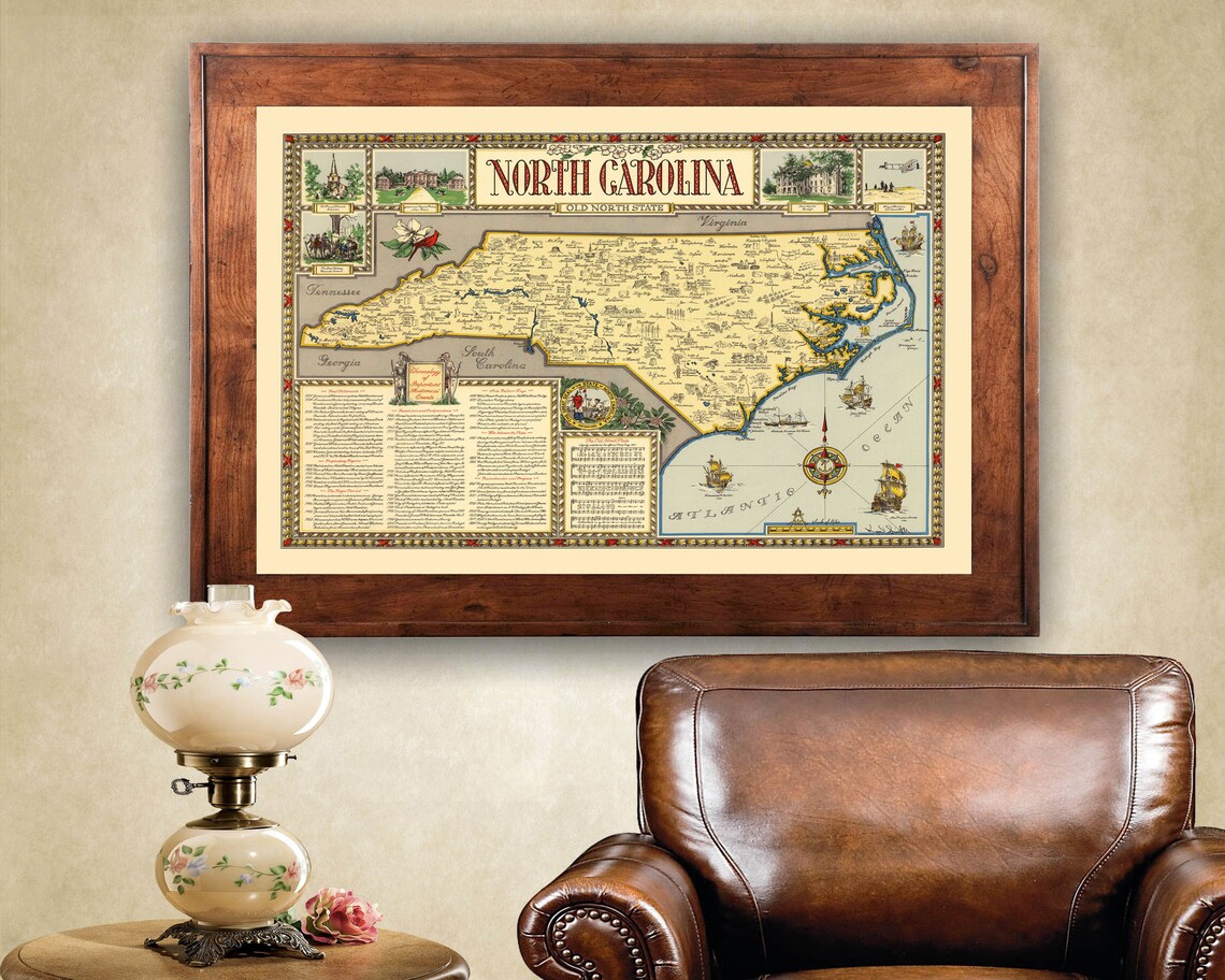 North Carolina Historical Map 1958 Ready-to-frame 24 X 36 Print ...