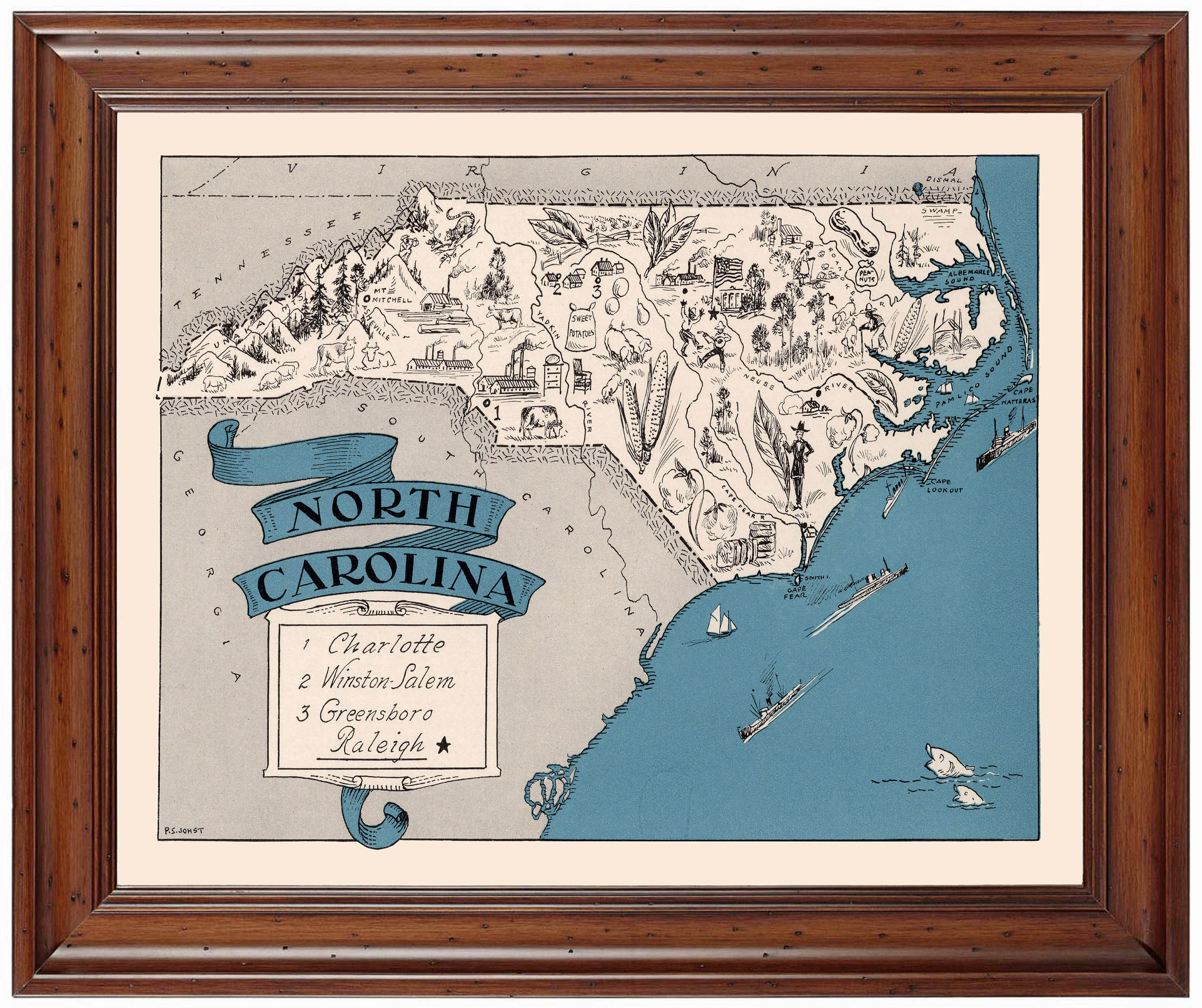 North Carolina Pictorial Map 1931; Ready-to-frame 18" X 24" Print ...