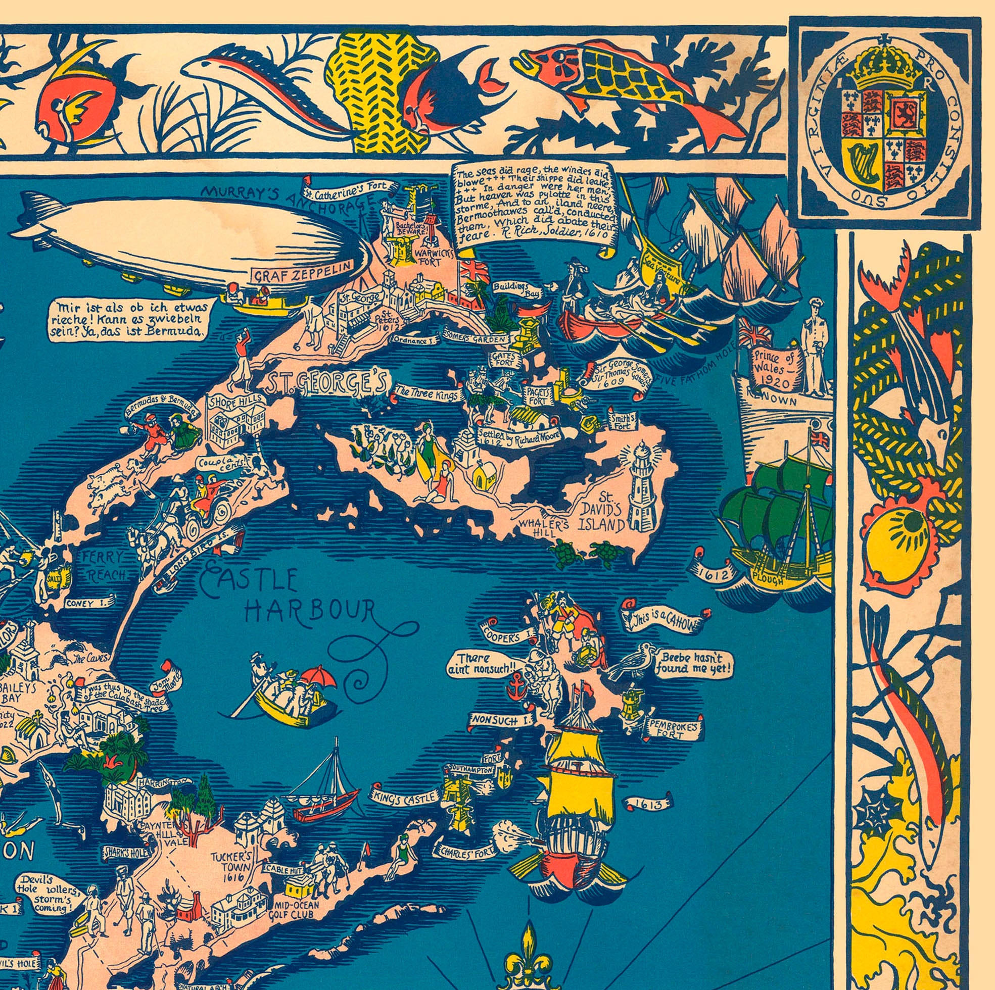 Bermuda Pictorial Map 1930; Ready-to-frame 18" X 24" Gallery Quality ...