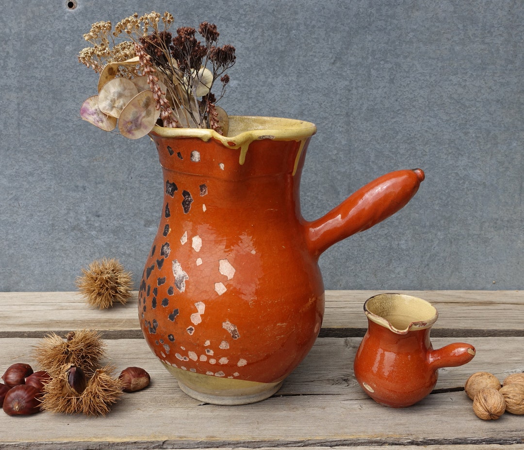 French Earthenware "toupins", Lovely Duo of French Clay Pitchers, Trad ...