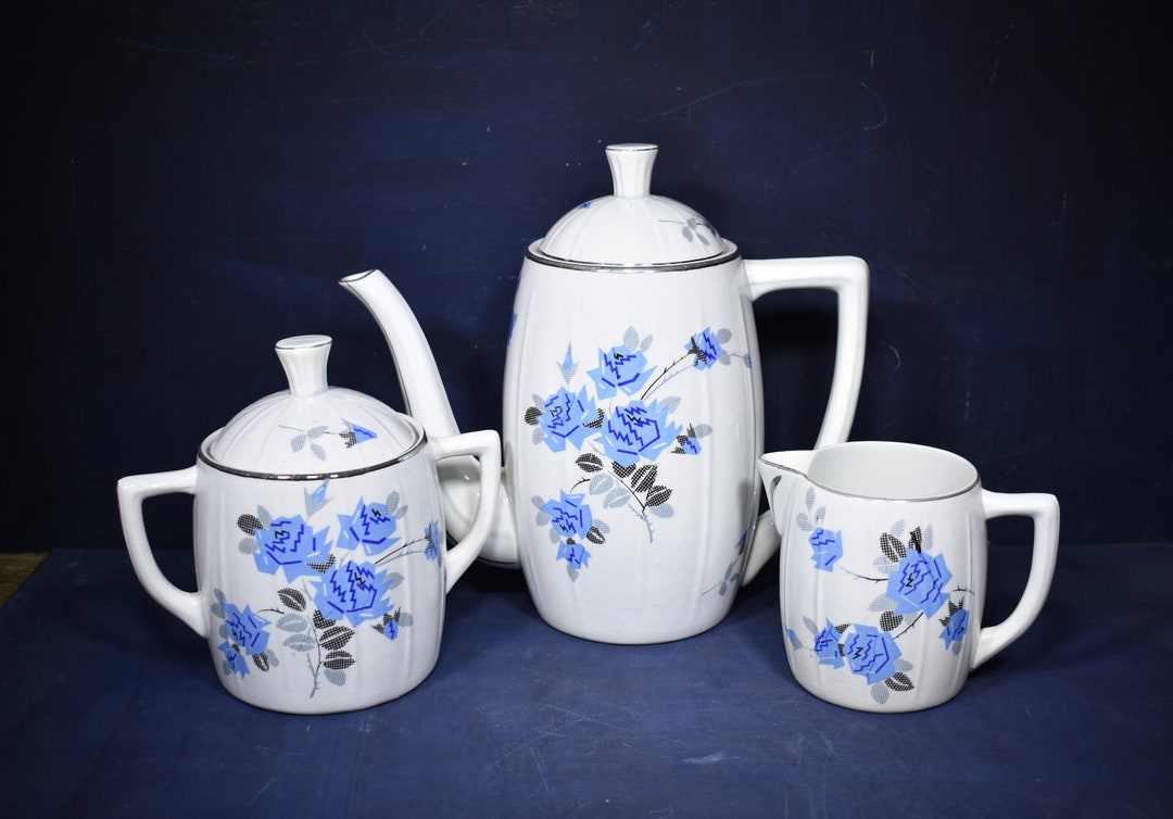 Vintage St Amand French Coffee Set: Blue Roses Pop Art Decor - Etsy